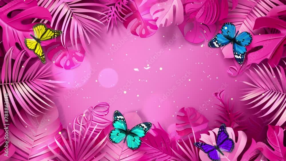 pink summer tropical background with pink palm leave. seamless looping ...