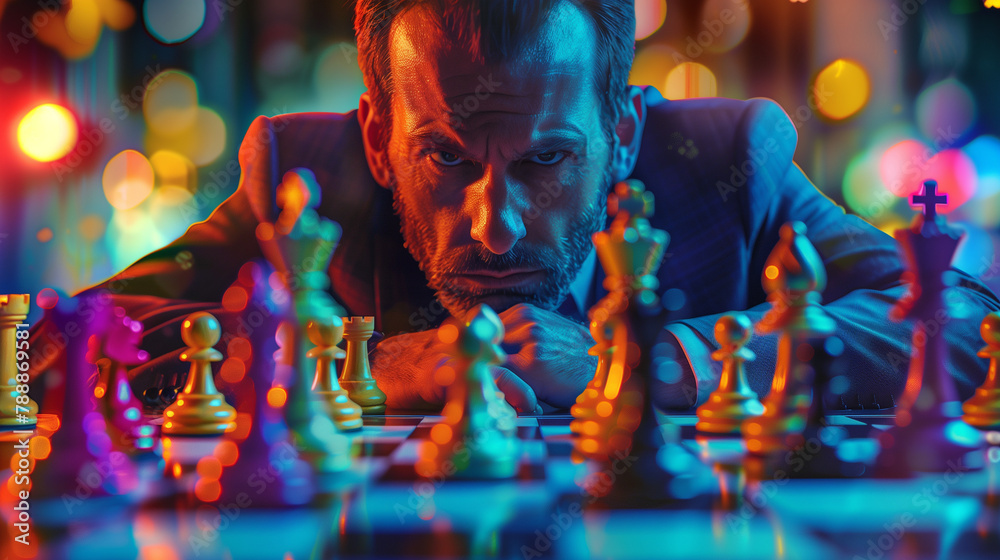 business man in suit pushing chess pieces. man playing chess, thinking ...