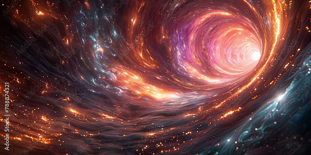 Color image of a warp tunnel in deep space. Matter particles spin in ...