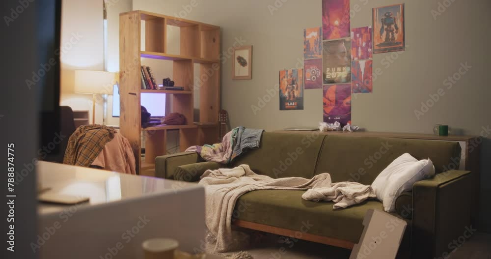 Home, garbage and messy living room with couch, chaos and fast food ...