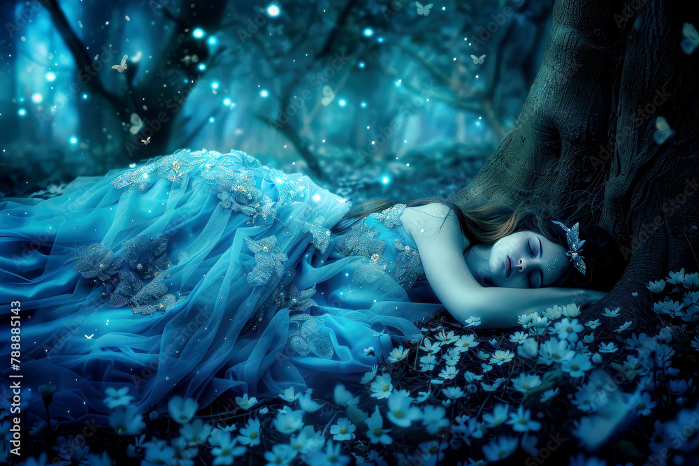 Fairy tale woman in a blue dress asleep on the forest floor, mystical ...
