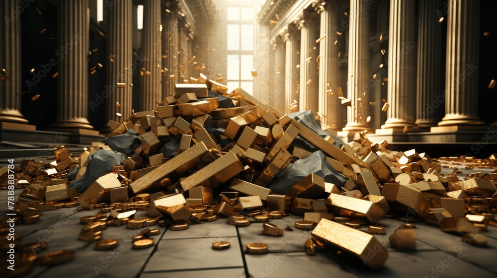 3D minimalist scene of a stock market crash depicted by broken gold ...