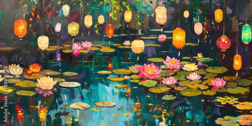 Festive lanterns and water lilies are featured in a city's most famous ...