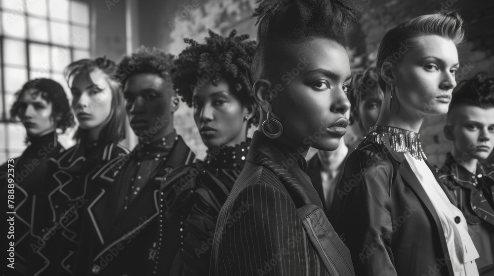 A group of models line up in an industrial setting showcasing a ...