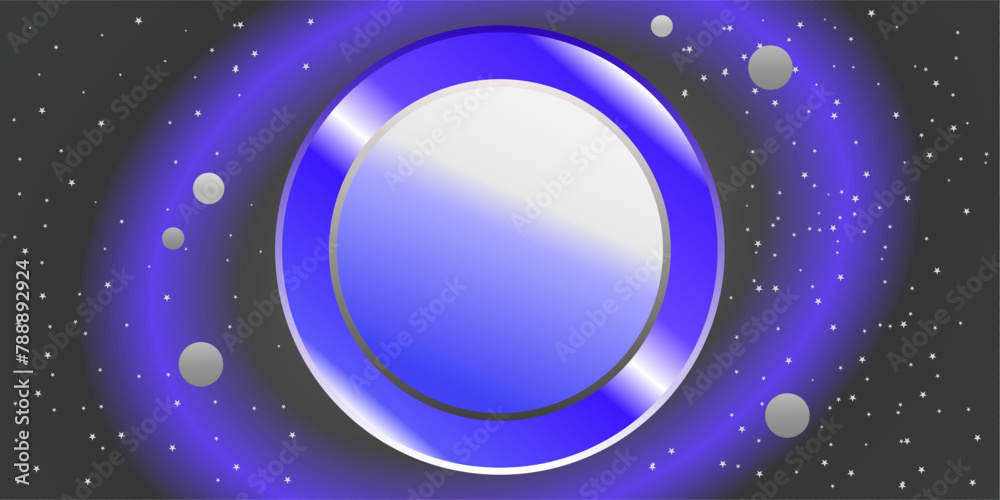 Abstract black circle shape with blue glowing frame and glitters ...