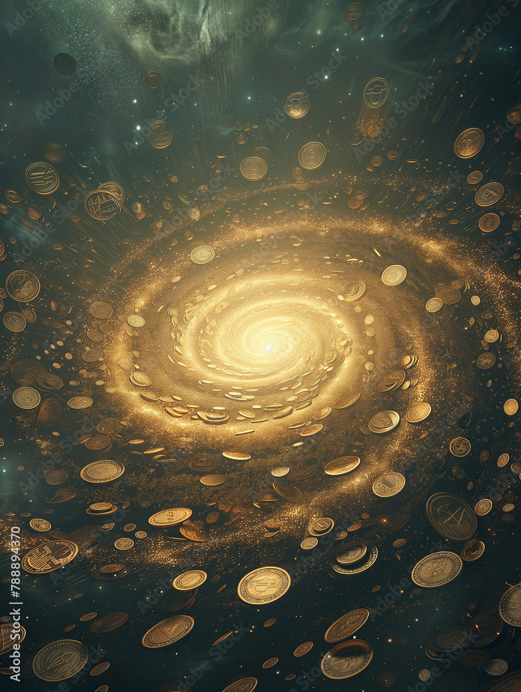 Spiritual Journey: Illuminated Galaxy Vortex with Glowing Gold Coins ...