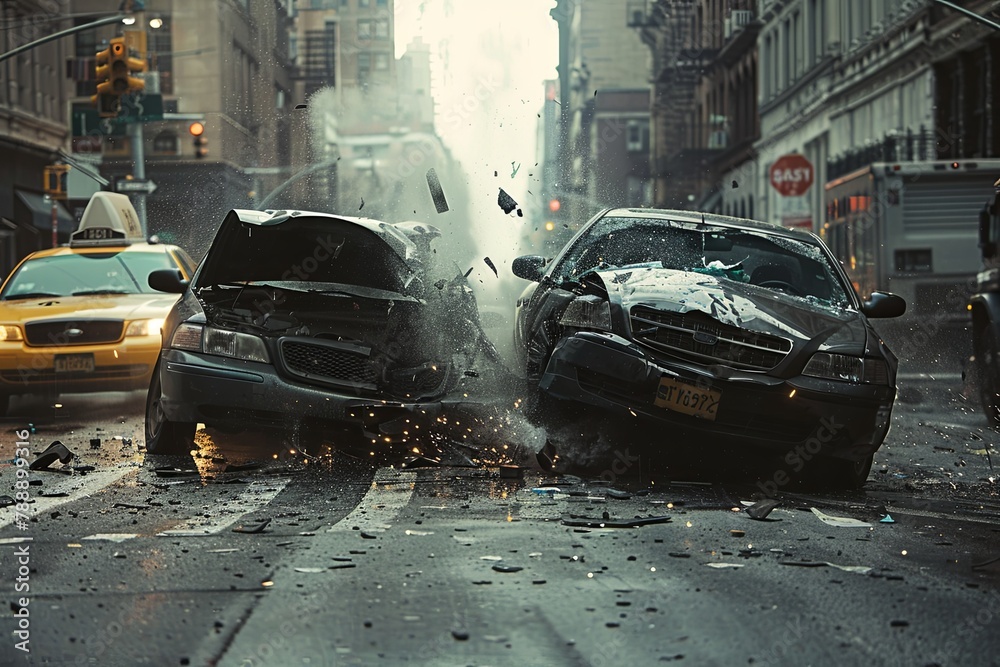 Two cars collide on city road, causing damage to vehicles Stock ...