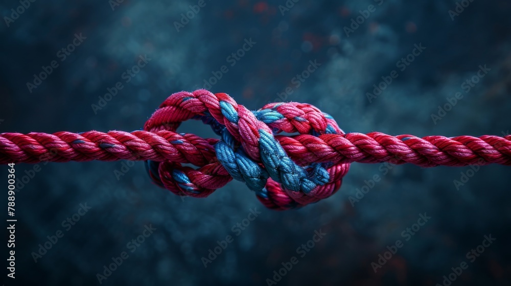 A red rope with two shiny blue and pink knots on the end, tied together ...