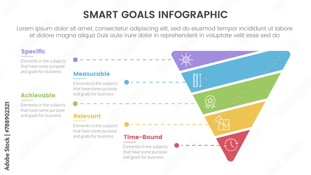 SMART goals setting framework infographic with funnel cutted or sliced ...