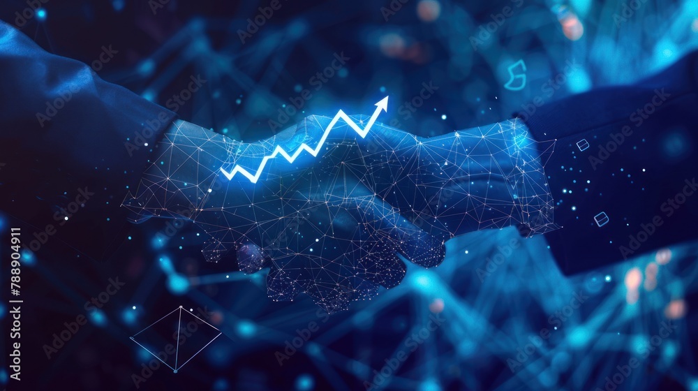Chart graph with up arrow hologram and businessmen handshake on ...
