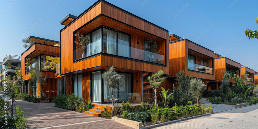 A modern and beautiful residential complex with wooden elements ...