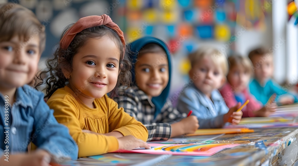 Happy diverse school children drawing in classroom of elementary school ...