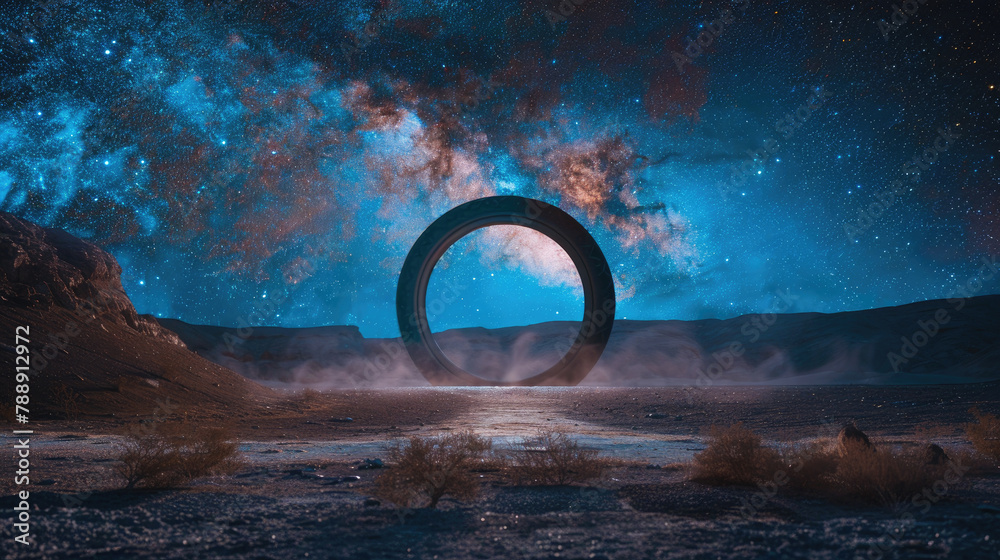 Surreal view of a mysterious circular portal frames the starry night ...
