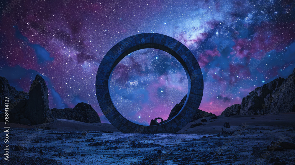Surreal view of a mysterious circular portal frames the starry night ...