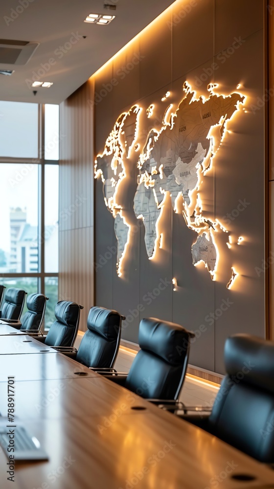 Globalization impact on organizations shown through a world map wall ...