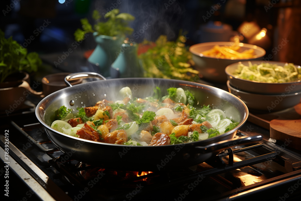 Cacerola de comida cocinándose en una linda y ordenada cocina ...
