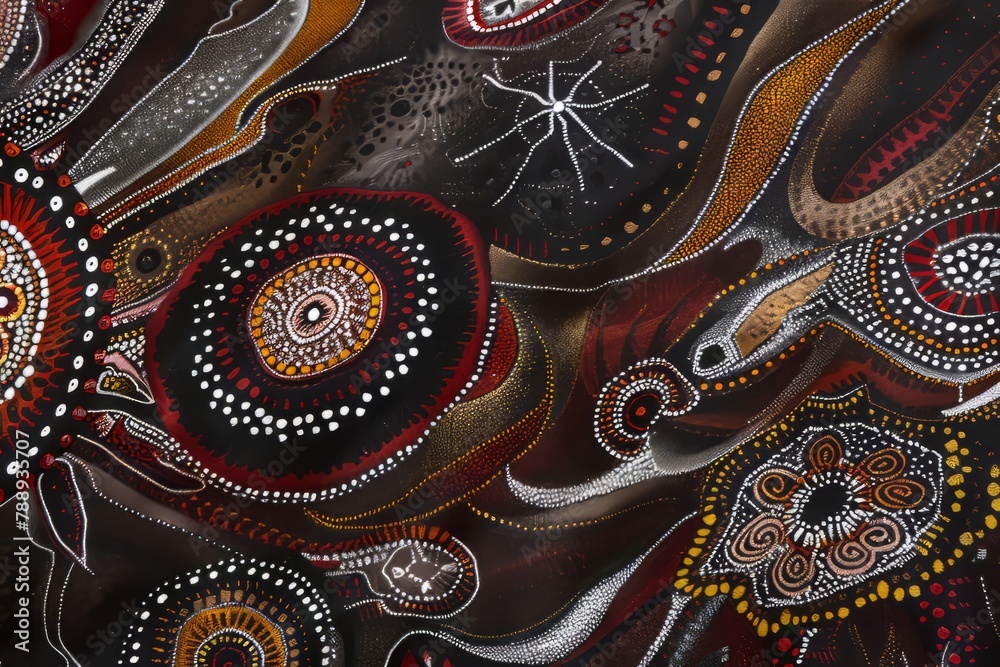 A traditional Aboriginal dot painting depicting Dreamtime stories and ...