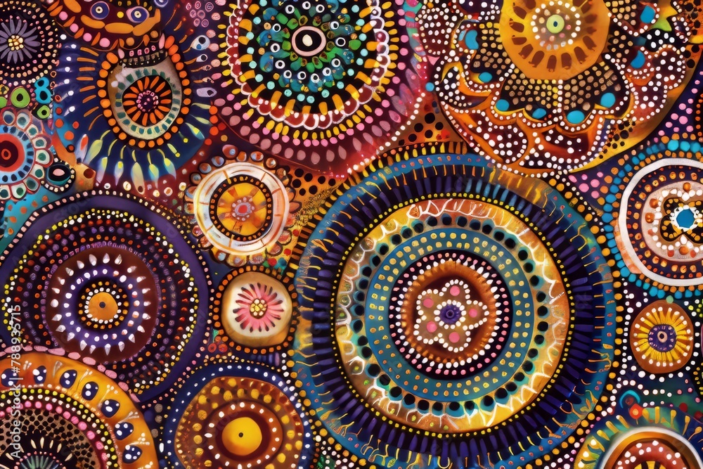 A traditional Aboriginal dot painting depicting Dreamtime stories and ...