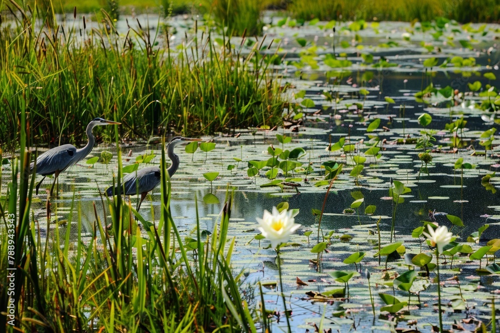 A vibrant wetland ecosystem with marsh grasses, water lilies and herons ...