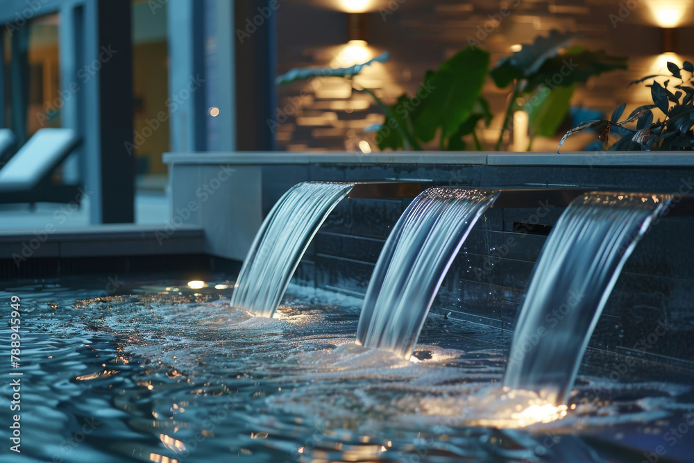 Elegant water features streaming into a pool with ambient lighting in a ...