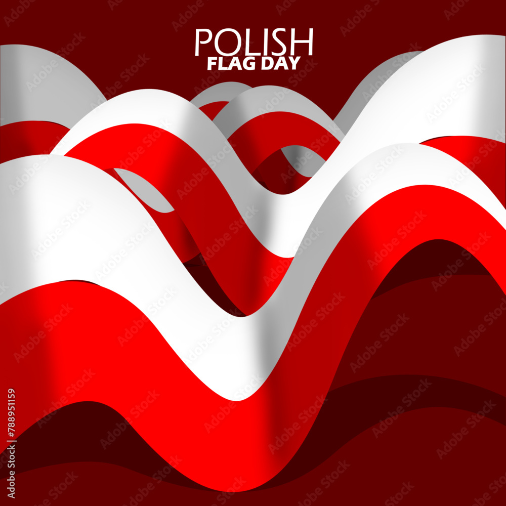 Polish Flag Day event banner. Long Polish flag flying on a dark red ...