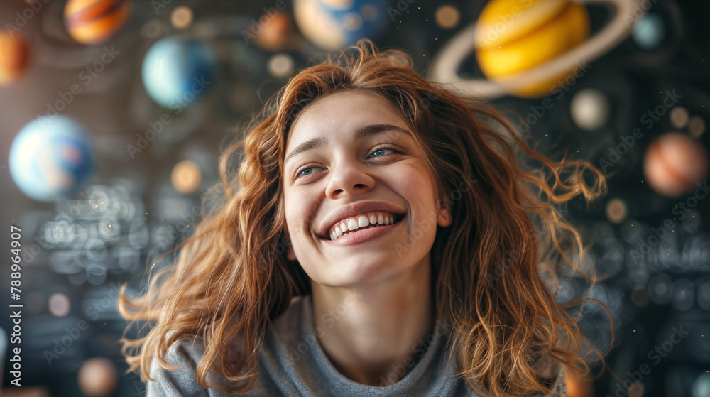 Planets are flying around the young woman in the room. Space system ...