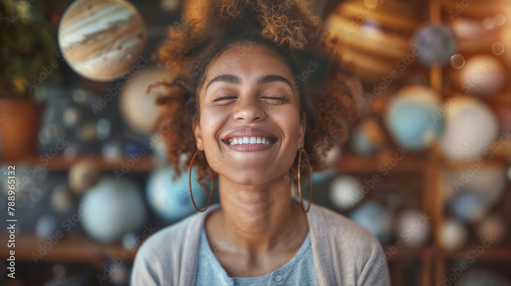 Planets are flying around the young woman in the room. Space system ...