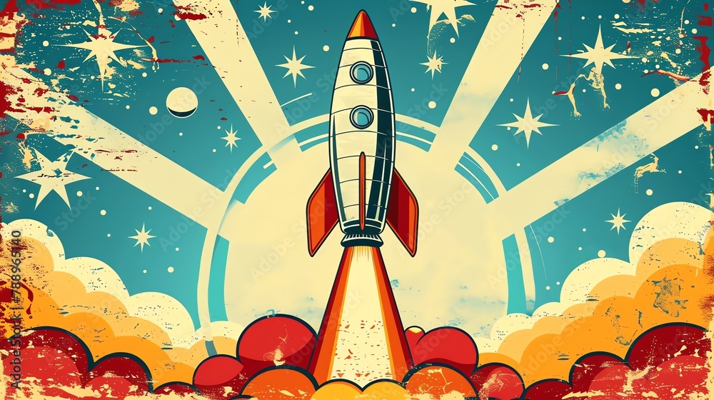 Vintage rocket poster in pop art style, bold primary colors, lowerthird ...