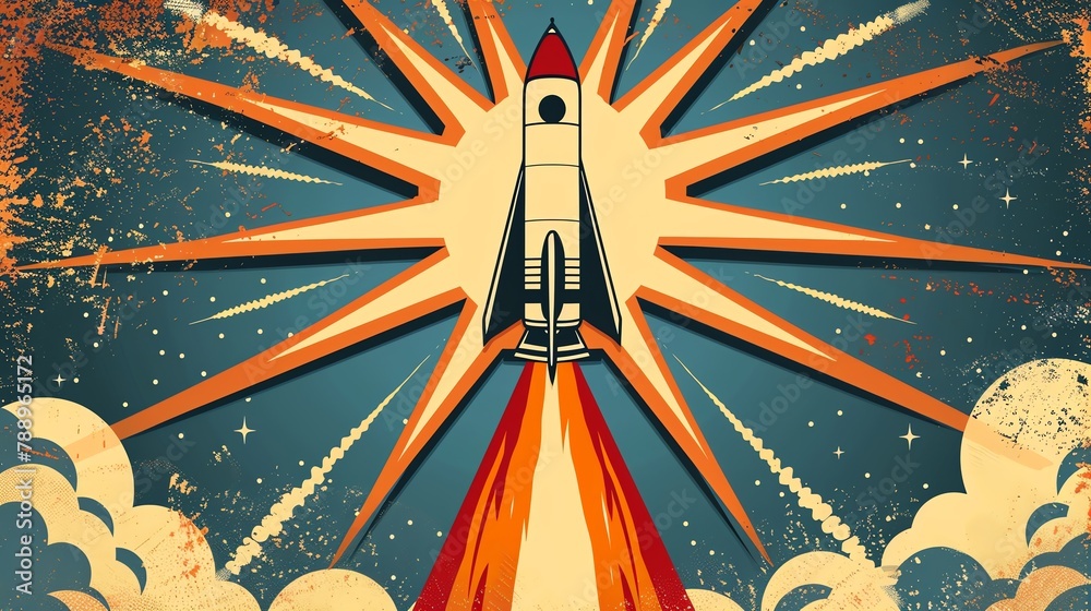 Vintage rocket poster in pop art style, bold primary colors, lowerthird ...