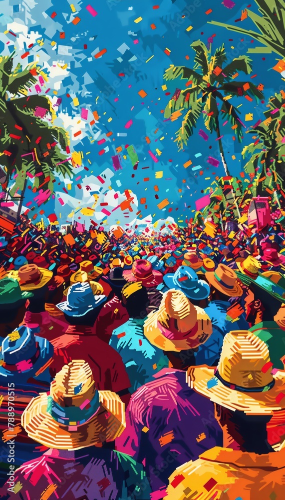 Illustrate a colorful parade representing global unity in a pixel art ...