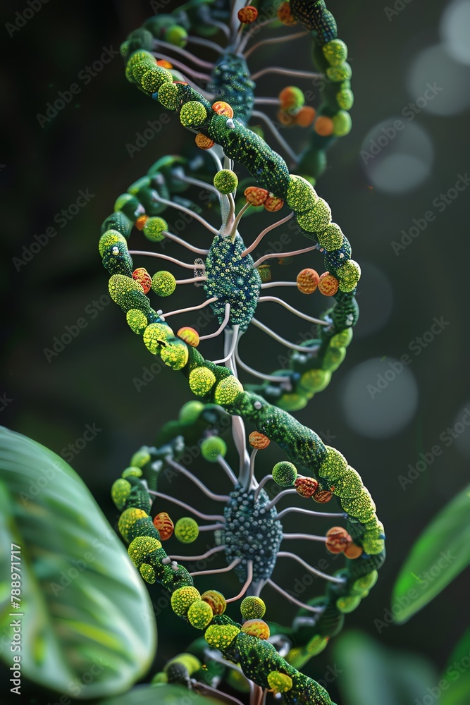 Scientific render of plant cell biochemistry, DNA structure central ...