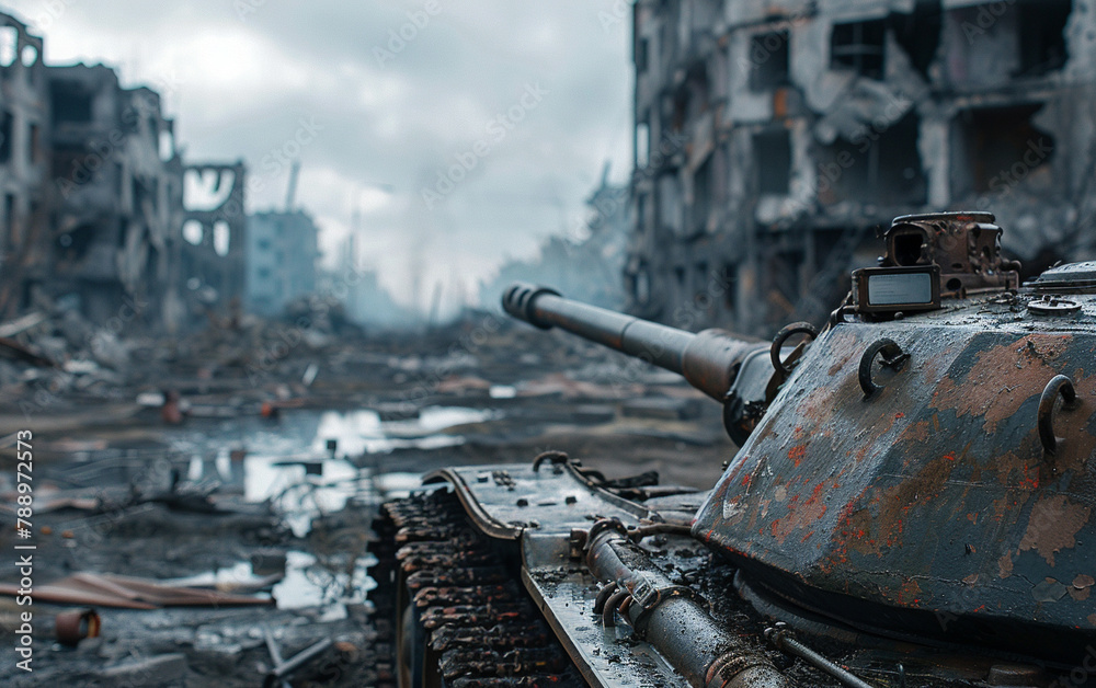 Military armored main battle tank demolished attacking city building ...