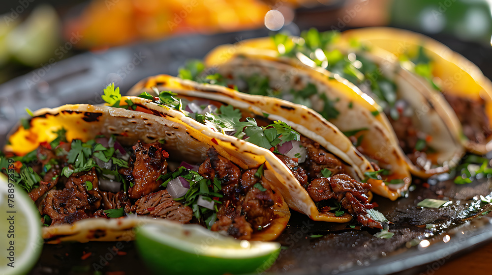 Delicious tacos on a plate with fresh ingredients, vibrant colors, and mouth-watering ...