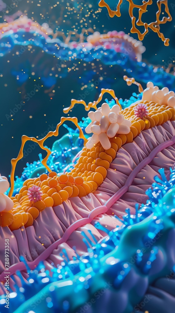 3D model of a cell membrane, vivid colors showing lipid bilayer and protein channels, high ...