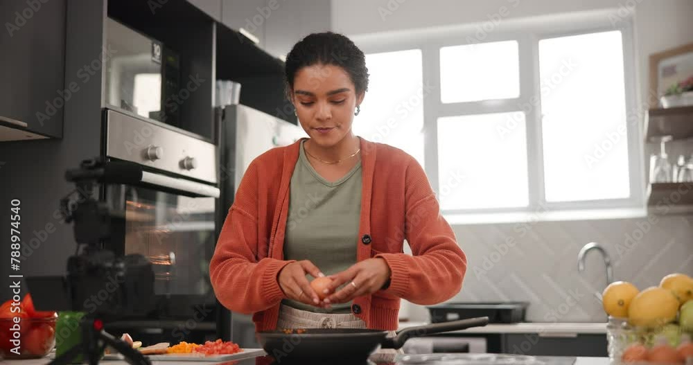 Cooking, vlogging and woman in kitchen with camera for live streaming ...