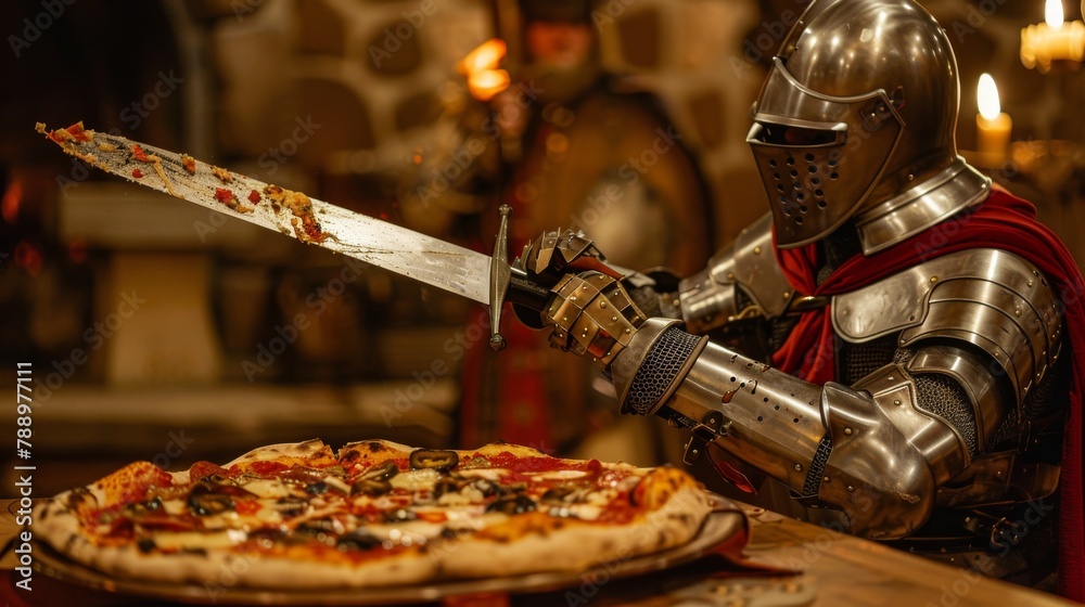 Medieval knight in full armor skillfully using a sword to slice pizza ...