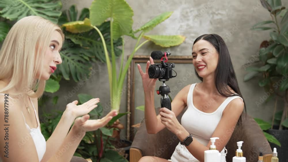 Two beautiful content creator making natural beauty and cosmetic ...