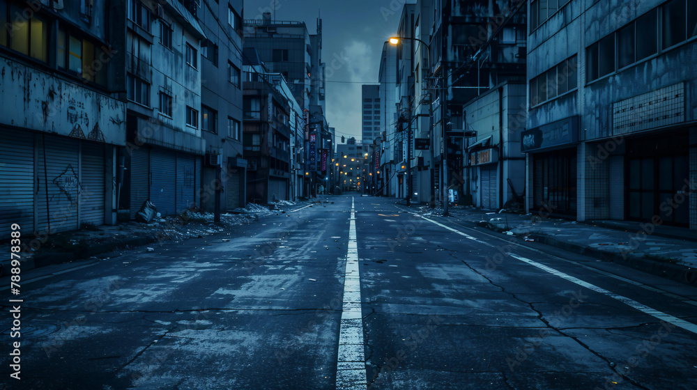 Pre-dawn light casts a blue hue over an empty street lined with ...