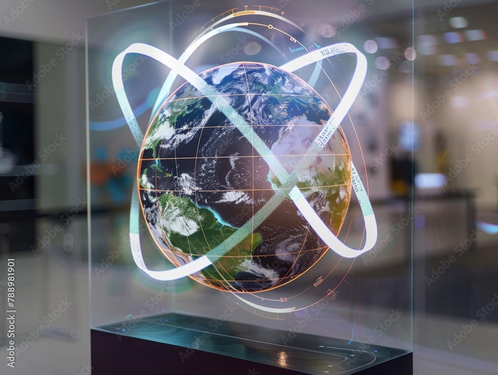 A holographic display of the Earth with an infinity loop symbol ...
