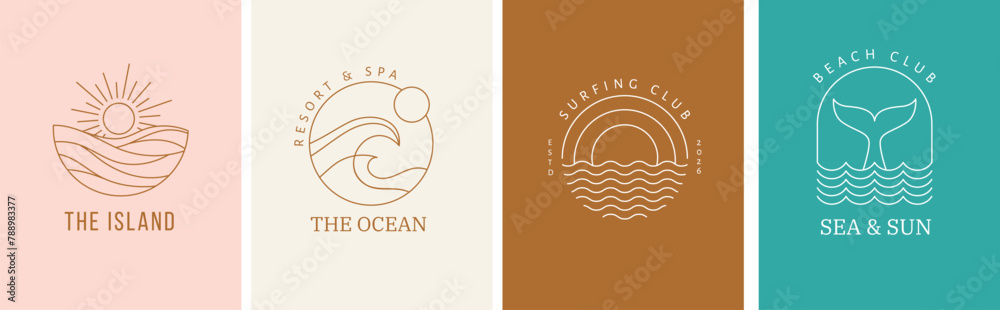 Bohemian linear logos, icons and symbols, sea, ocean, beach and surfing ...