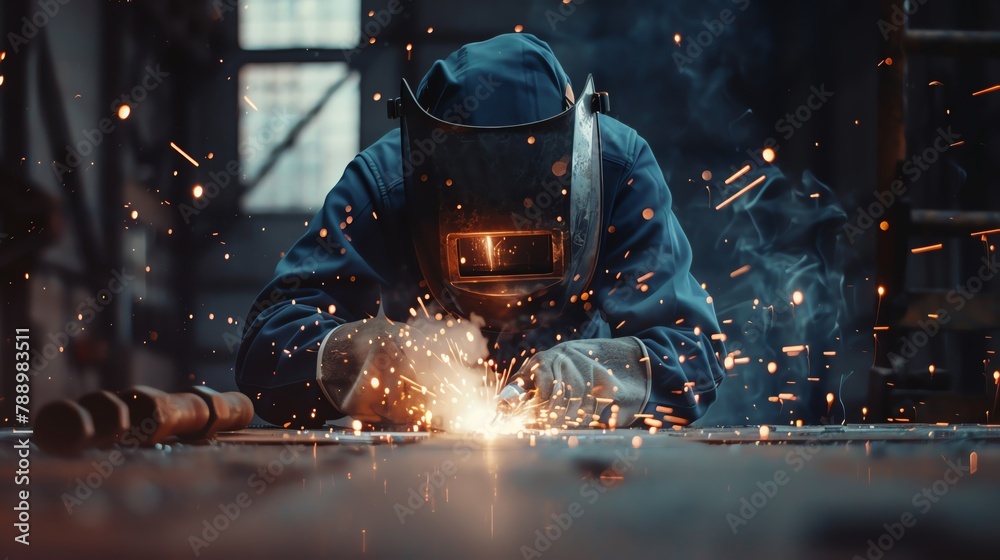Focus on the welder's skill: A welder, masked and suited, expertly ...