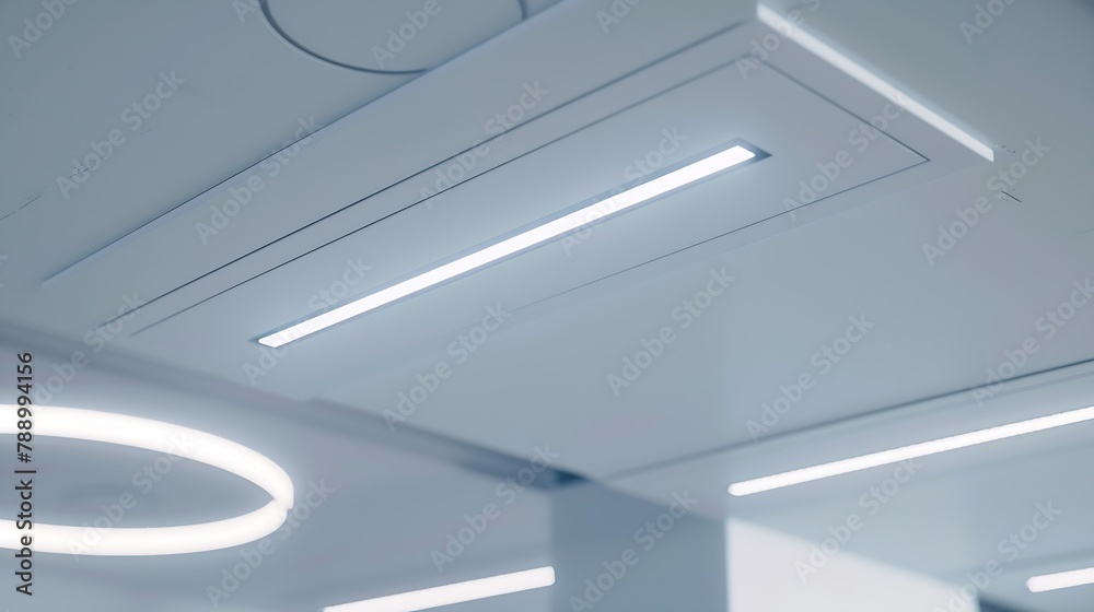 Suspended ceiling made of square plasterboard slabs with builtin round ...