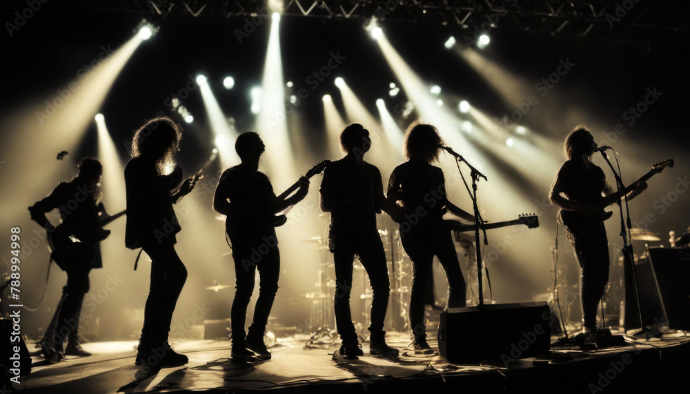 group musicians on stage concert singing together festival band playing ...