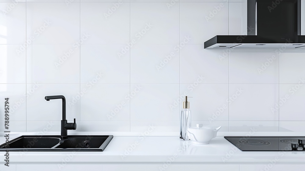 Minimalist kitchen with white countertop furniture and wall tiles and ...