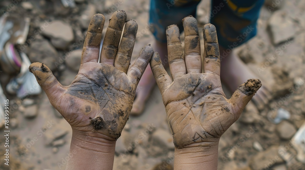 Children with soiled hands from participating in construction ...