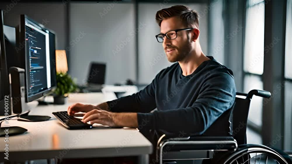 Vidéo Stock Disability-Friendly Office Inspiring IT Programmer with Disability in a Wheelchair ...