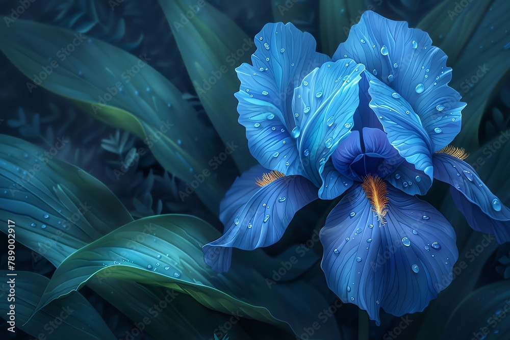 Iris A striking blue iris on a dark green leafy background water color ...