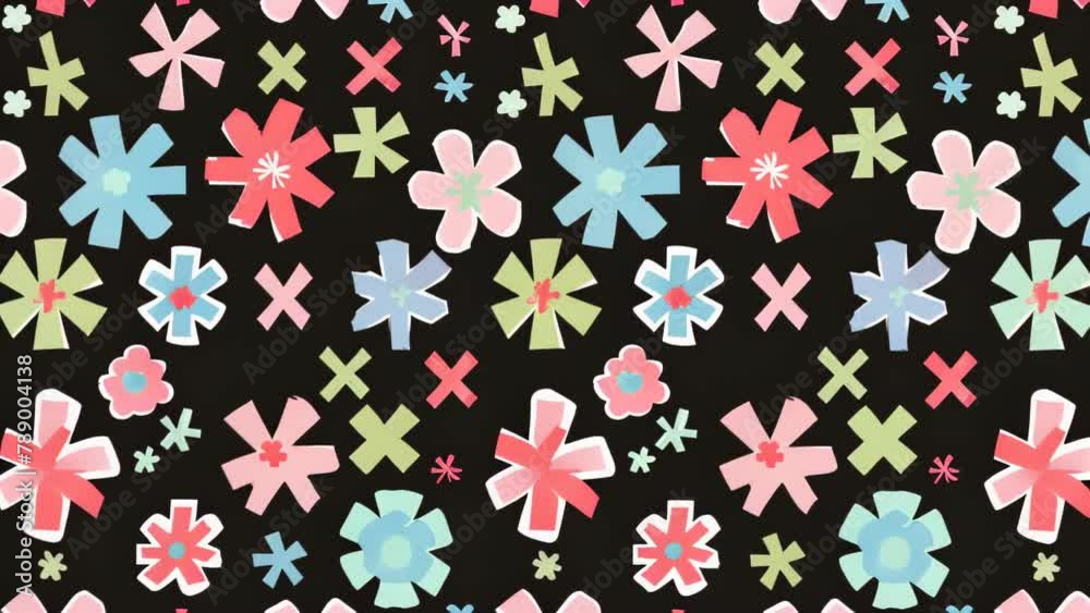 Pastel-colored floral motifs arranged in a regular pattern on a black ...
