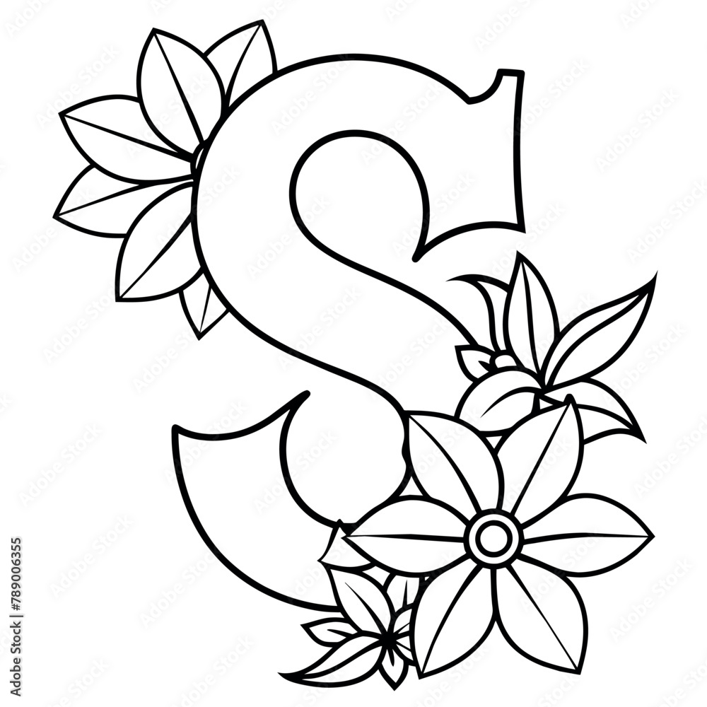 Alphabet S coloring page with the flower, S letter digital outline ...