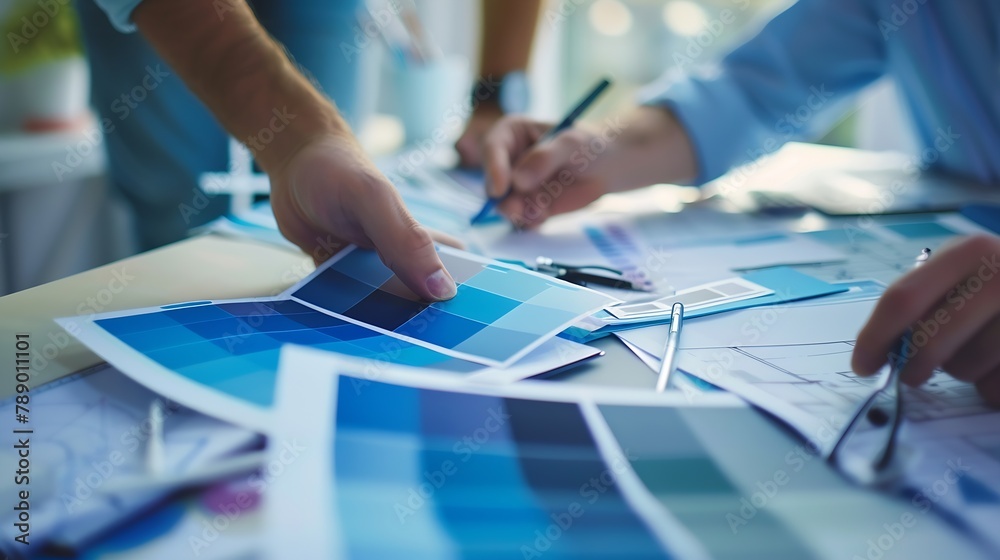 Close up view of Interior designers teamwork with pantone swatch and ...